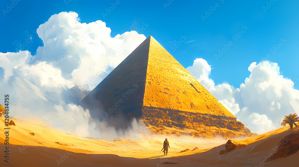 Majestic ancient egyptian pyramid rises triumphantly from the golden sahara desert sands, its ...