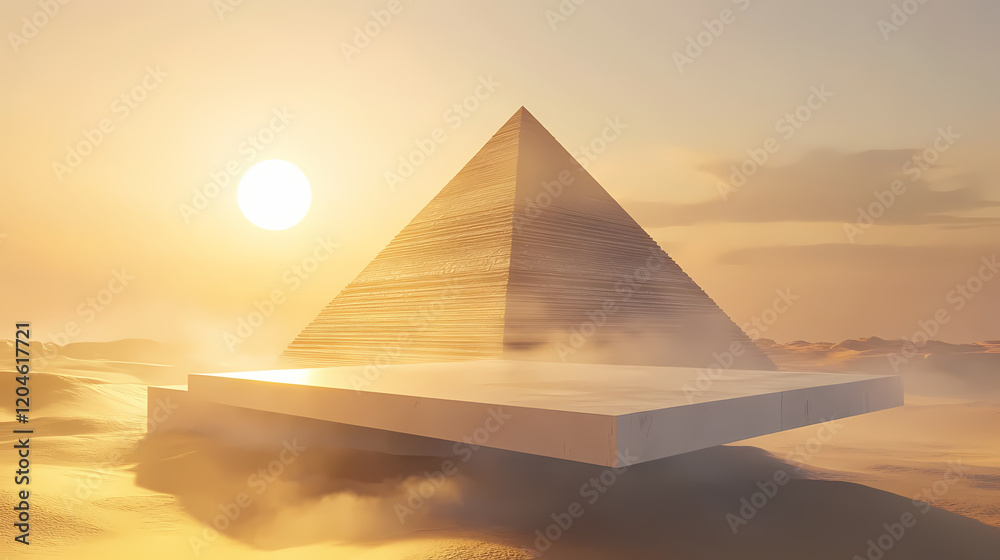 A modern, sleek 3d podium floating above golden egyptian sands, with a ...