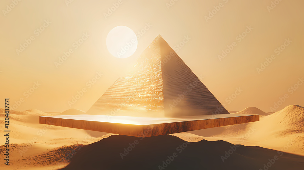 A modern, sleek 3d podium floating above golden egyptian sands, with a ...