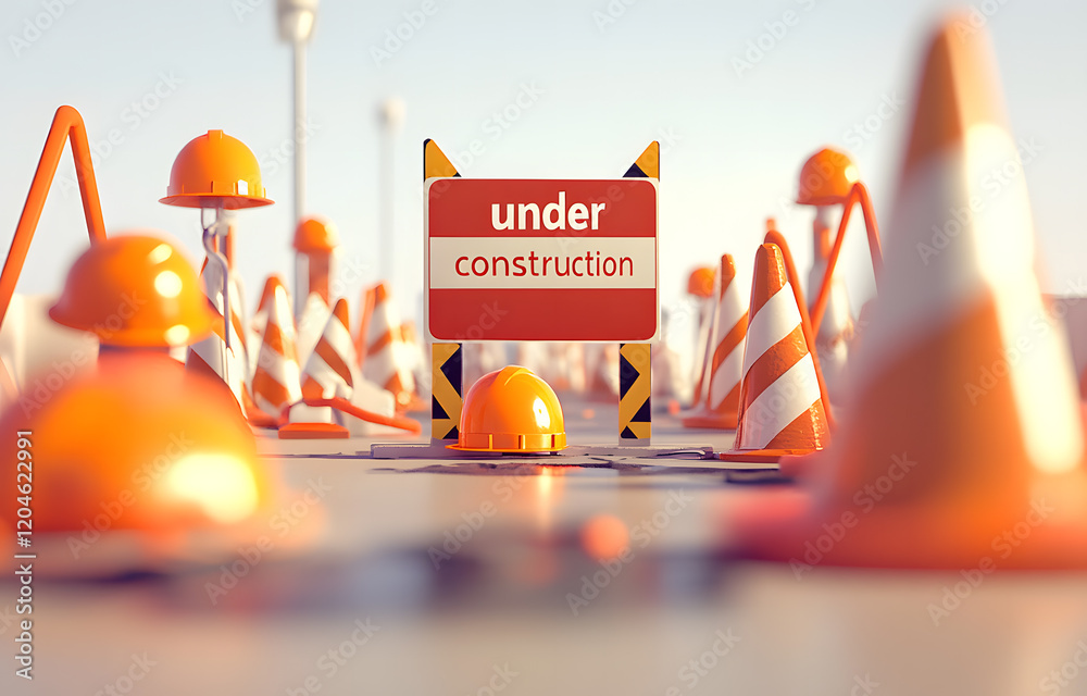 Cartoon Construction Site with "Under Construction" Sign and Characters ...