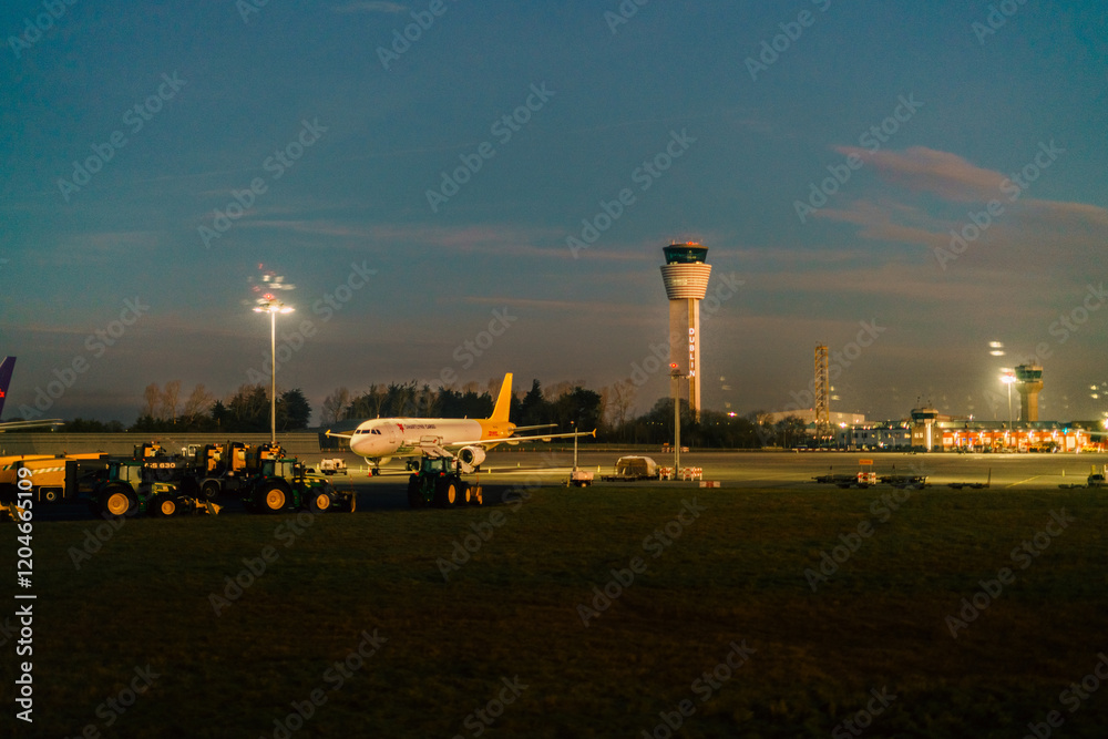 Air traffic control tower with sunrise sky at Dublin Airport in Ireland ...