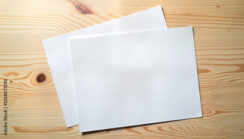 Two blank white sheets of paper rest on light brown wooden table. Empty ...