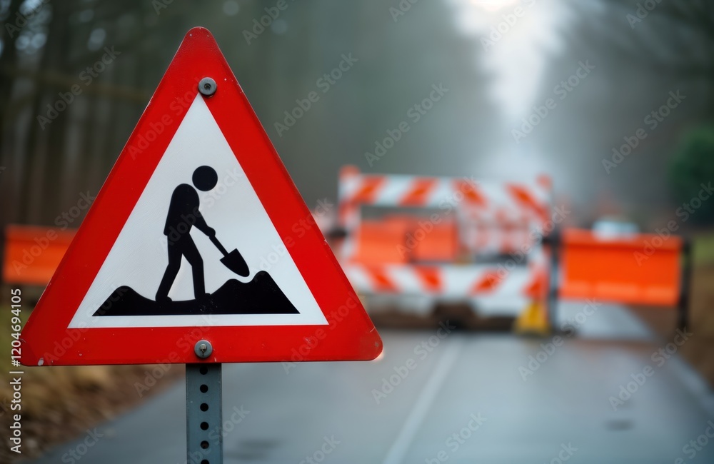 Roadwork sign warns of construction ahead. Roadblock, traffic sign ...