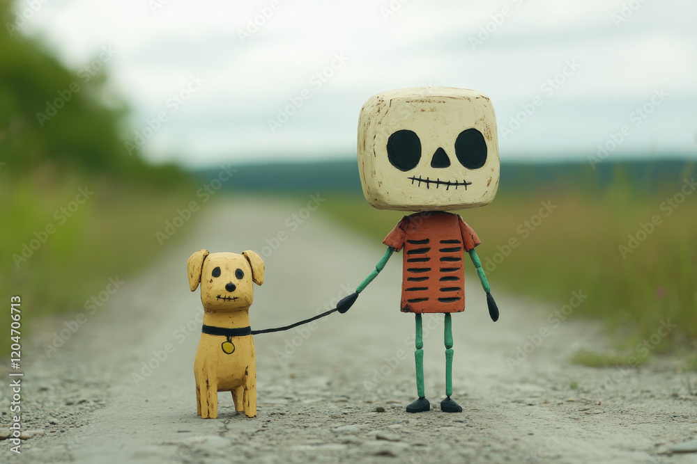 Skeleton Claymation, A claymation scene featuring a skeleton walking a ...