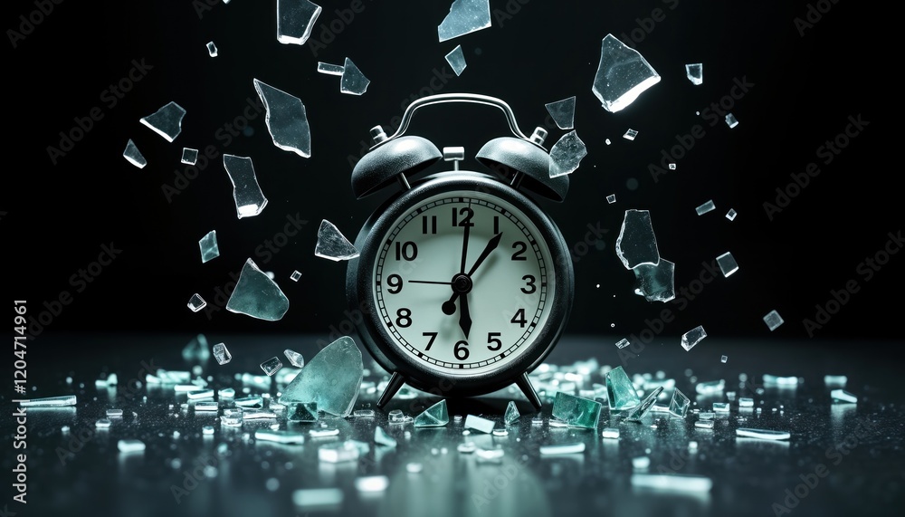 Shattered alarm clock disrupted routine missed deadline. Broken glass ...
