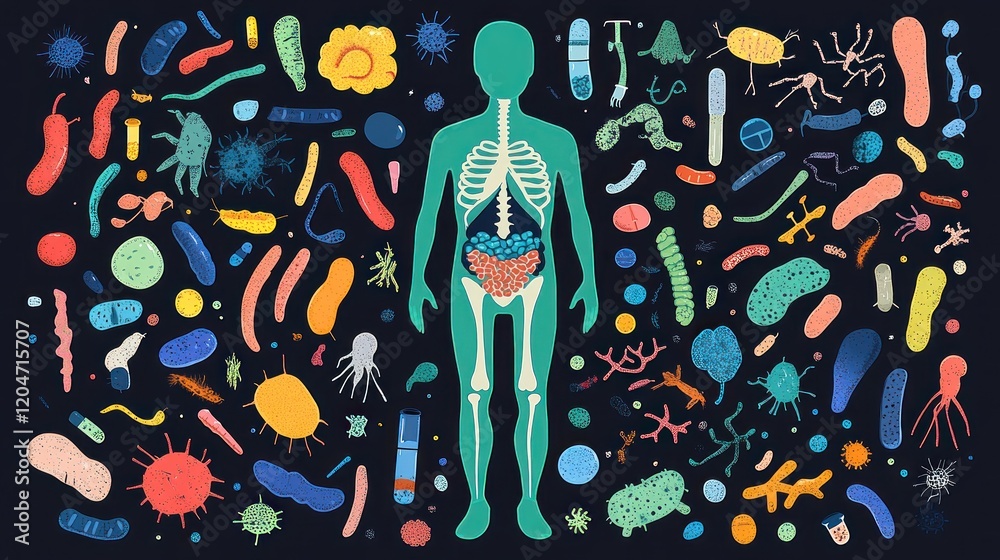 Human microbiome illustration showing diverse bacteria, viruses, and ...