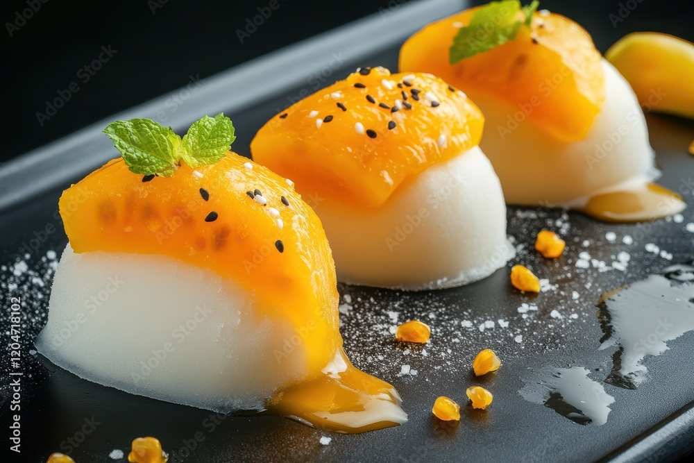Cheese mango mochi with passion fruit on dark backdrop traditional ...