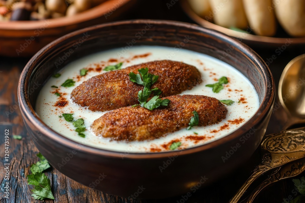 Kibbeh bil laban Arabian yogurt soup with bulgur croquettes on a dark ...