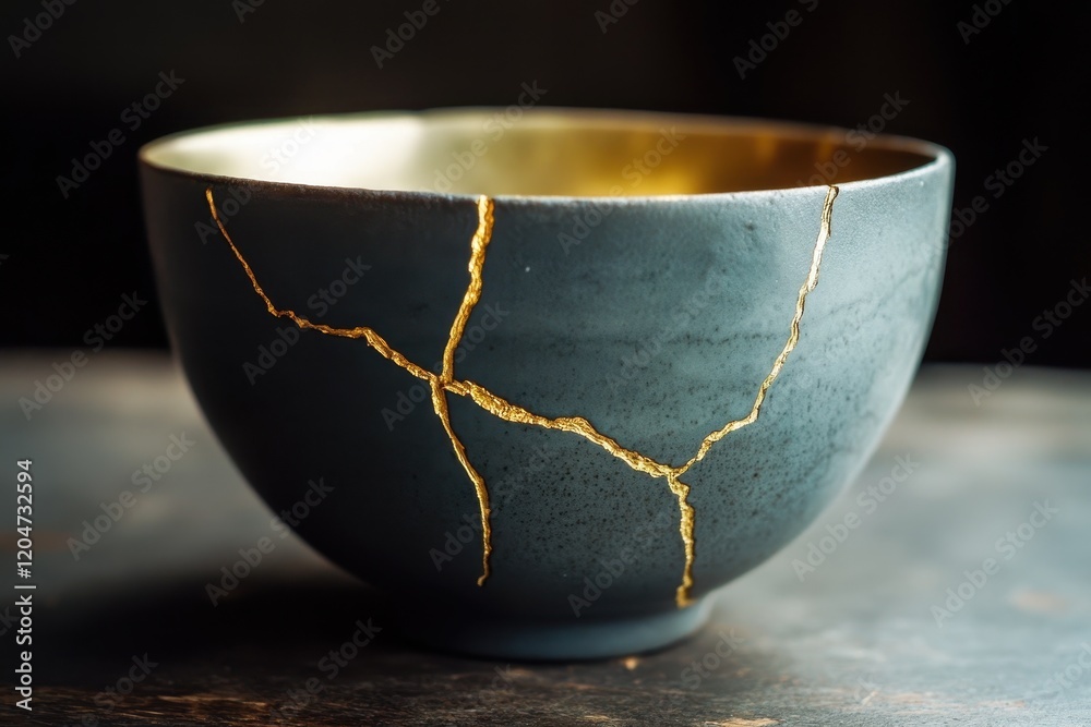 Kintsugi bowl Restored Japanese pottery featuring gold cracks celebrating the beauty of flaws ...