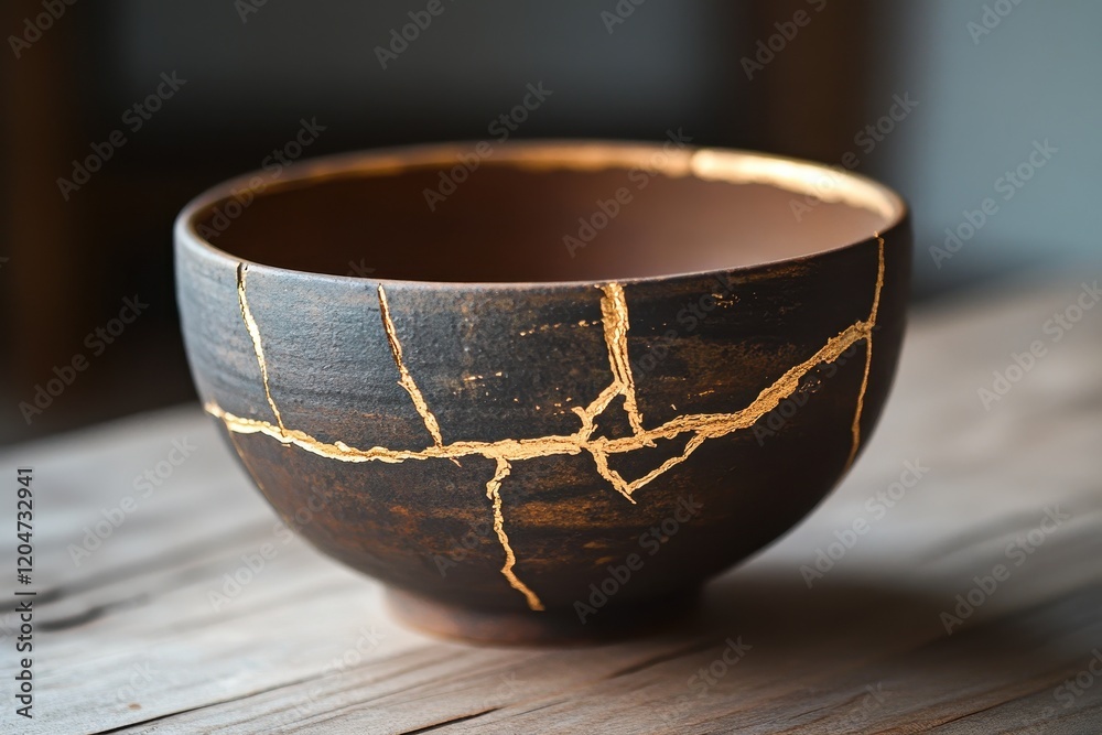 Kintsugi style chawan featuring gold cracked restored antique pottery ...
