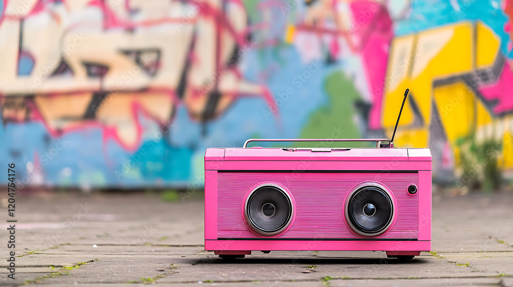 Pink ghetto blaster sits outdoors urban background with colorful ...