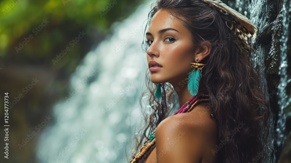 An elegant exotic Amazon woman stands next to a waterfall background ...