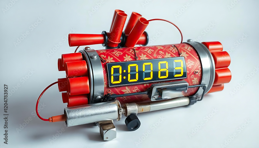 A cylindrical bomb device with red dynamite sticks, wires, and a ...