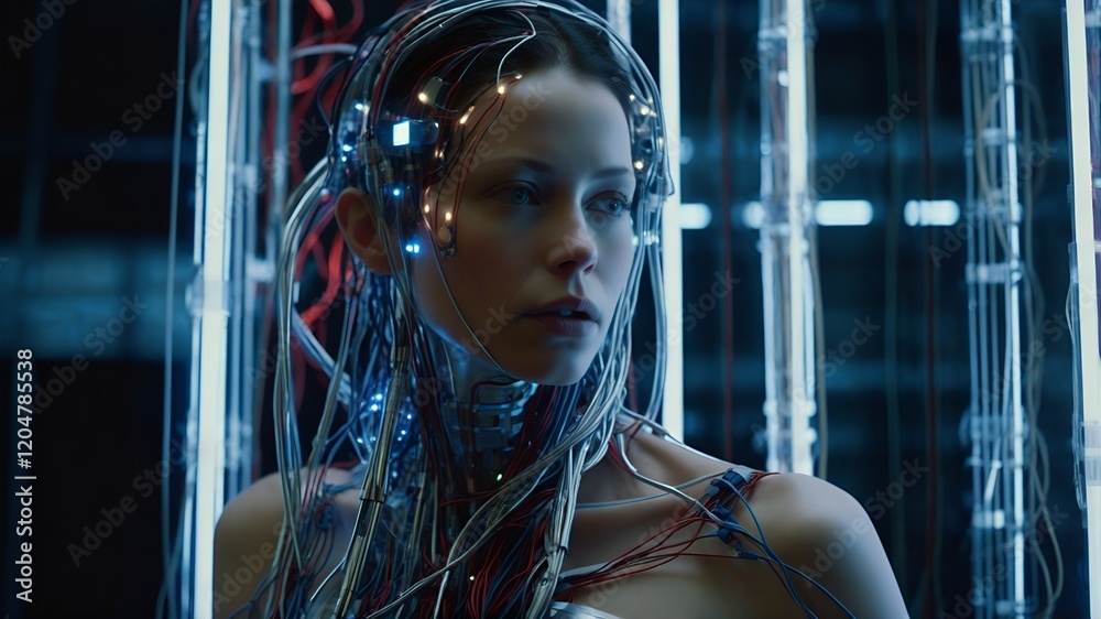 Foto de Stock cybernetic woman, futuristic laboratory, cyberpunk art ...