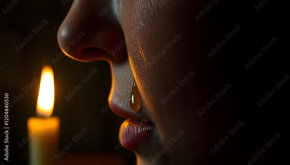 A solitary figure, illuminated by candlelight, with a single tear ...