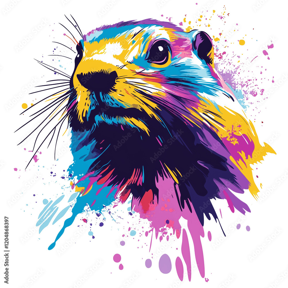 illustration of groundhog face design with bright paint splashes ...