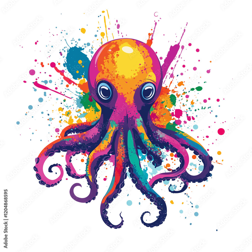 illustration of squid face design with bright paint splashes isolated ...