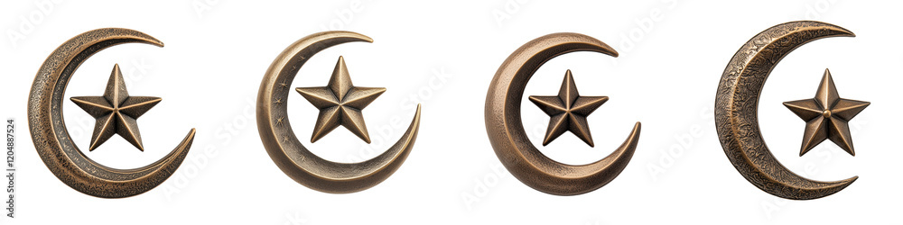 Bronze crescent moon and star symbol icons with a decorative ornamental ...