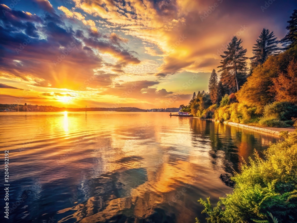 Vintage Lake Washington: Pacific Northwest sunset. Golden hour captures ...