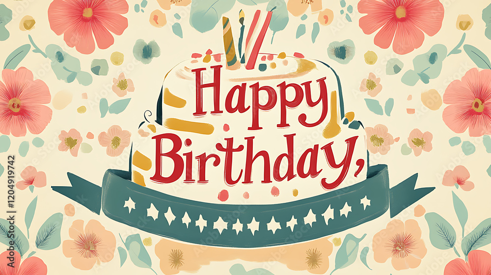 birthday card with muted colors, featuring a classic birthday cake, a ...