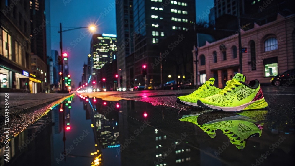 Neon Runner: A pair of neon green running shoes with reflective accents ...