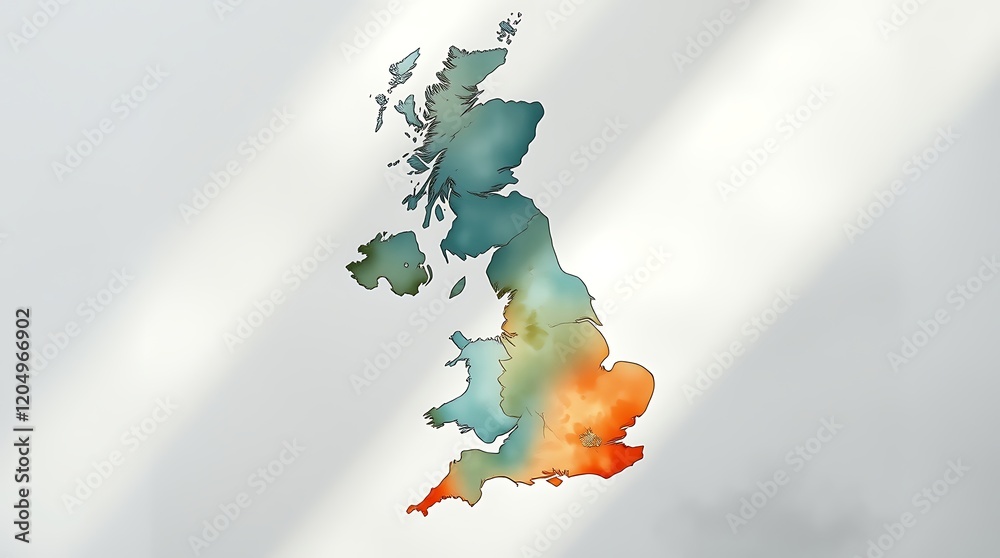 Watercolor map of the UK with regional color variations. Stock Photo ...