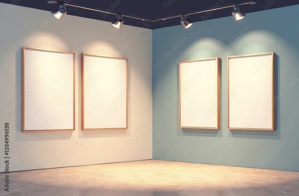 Corner of modern gallery room with directional spotlight and metal ...