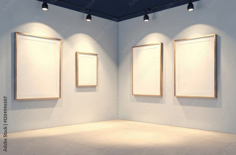Corner of modern gallery room with directional spotlight and metal ...