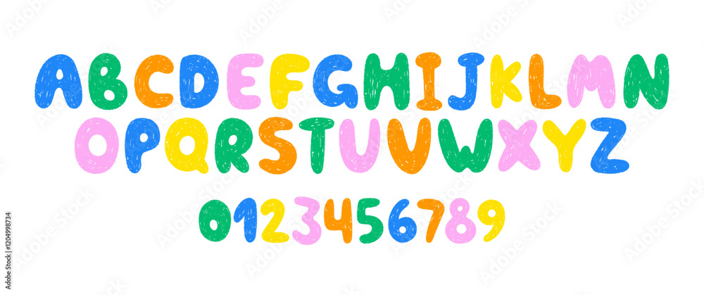 Hand drawn font with crayon or pastel texture. Cartoon alphabet letters ...