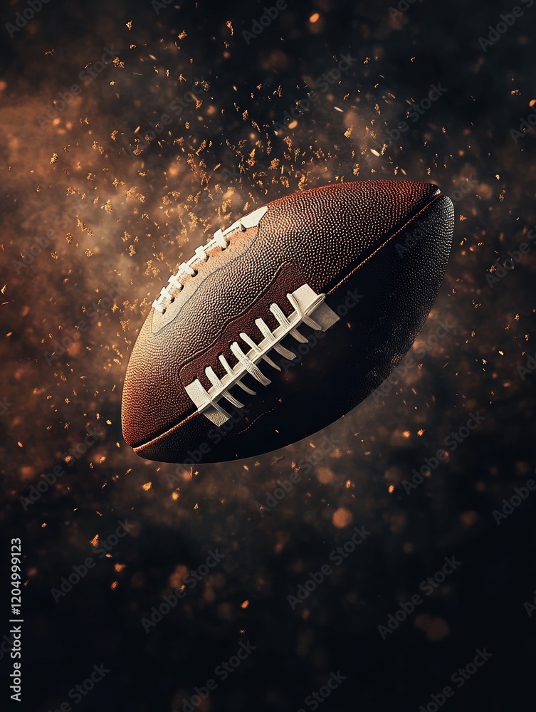 A close-up image of an American football flying through the air with a ...