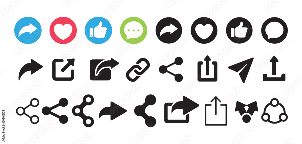 Share icon set. Like, Share, comment and love heart icon buttons. Arrow symbol, Reply send ...