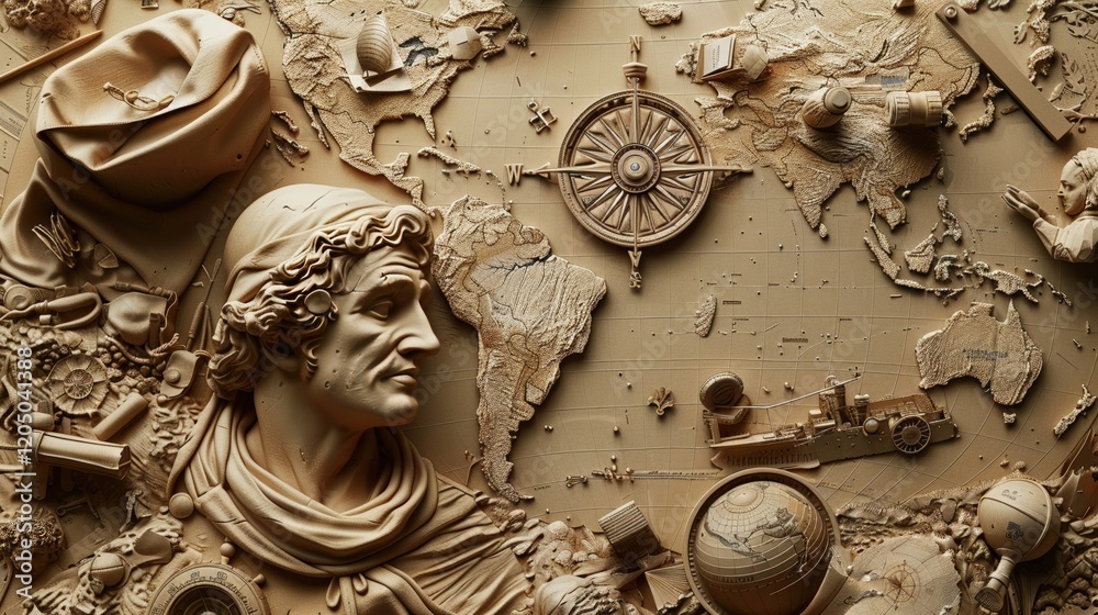 Design a series of 3D clay icons representing famous explorers and ...