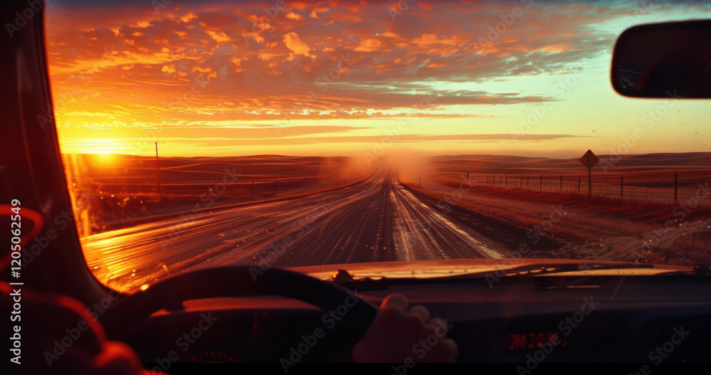 Early Morning Drive with Sunrise on Long Empty Road - Journey, Solitude ...