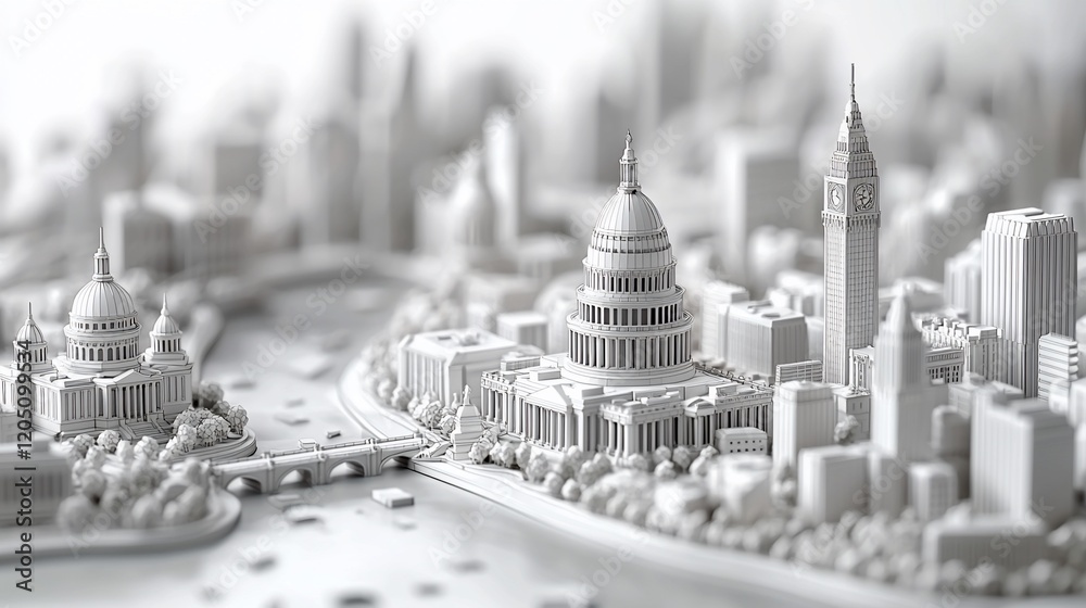 Monochrome 3D model of London skyline, featuring iconic landmarks like ...