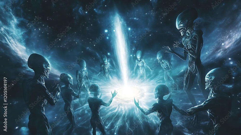A group of aliens performing a ritual around a pulsating energy core in ...