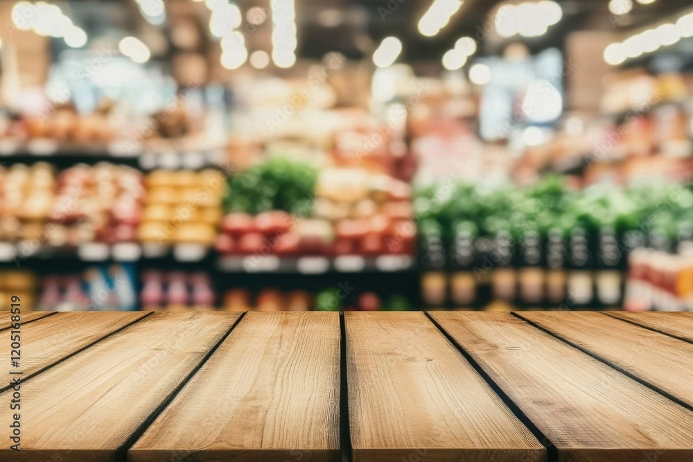 Empty wooden tabletop with blurred supermarket fruit and vegetable ...
