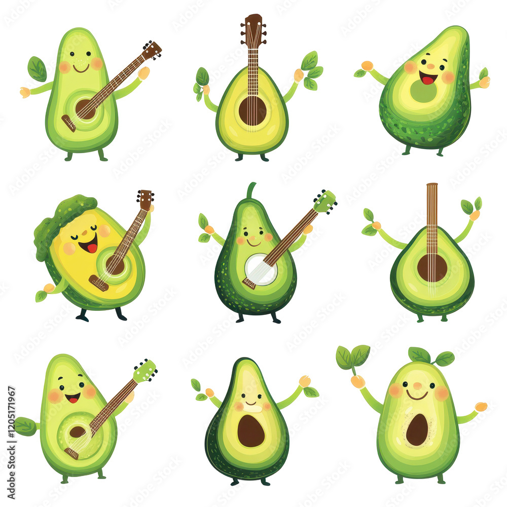 Avocado Band: Nine cheerful cartoon avocados, each holding a guitar ...