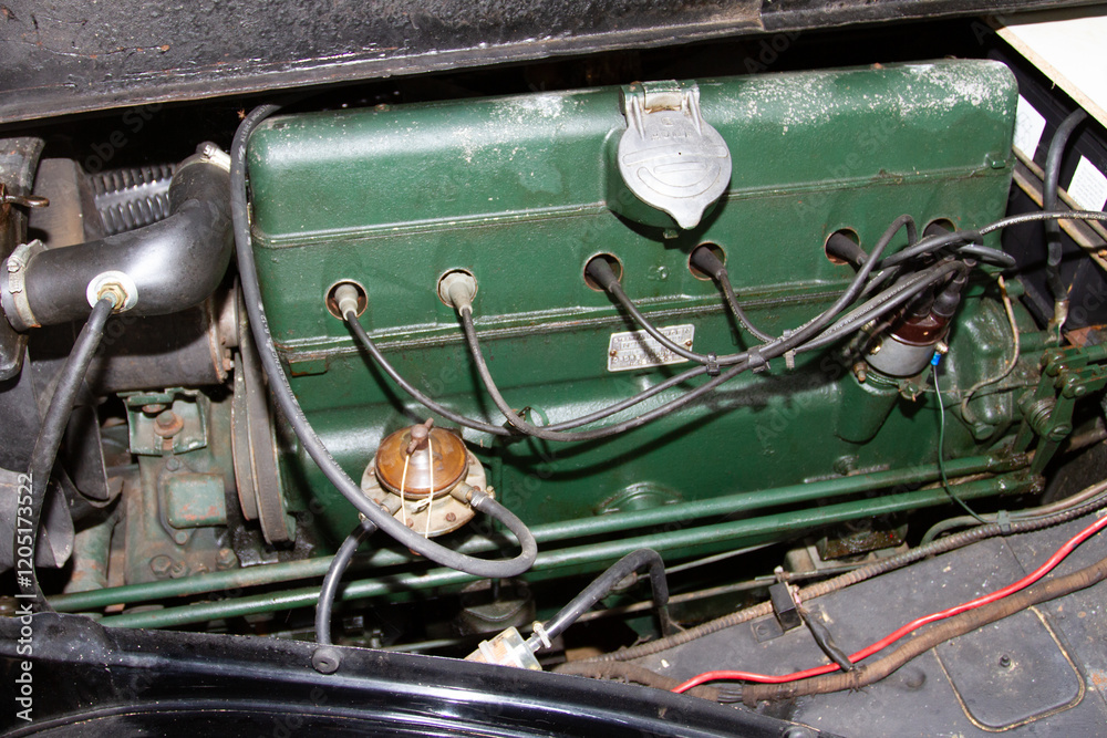 traction citroen detail open engine on front view motor of retro french ...