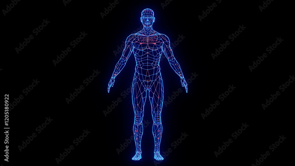 cybernetic human anatomy model displayed holographic style, showcasing ...