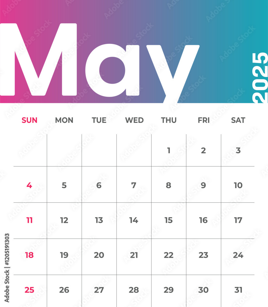 Monthly Calendar for May 2025. The week begins on Sunday. Time ...