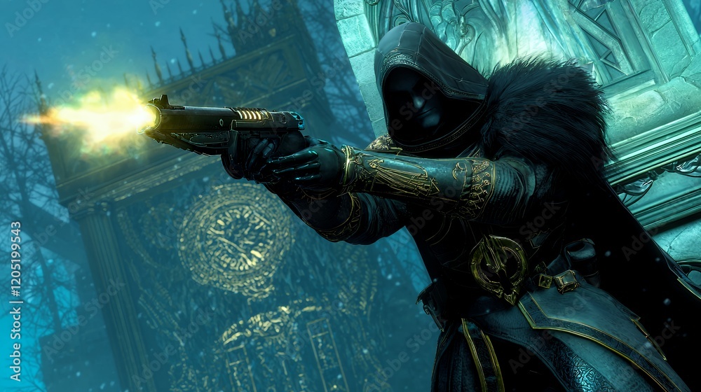 Dark Fantasy Assassin: A hooded figure fires a golden pistol in a ...