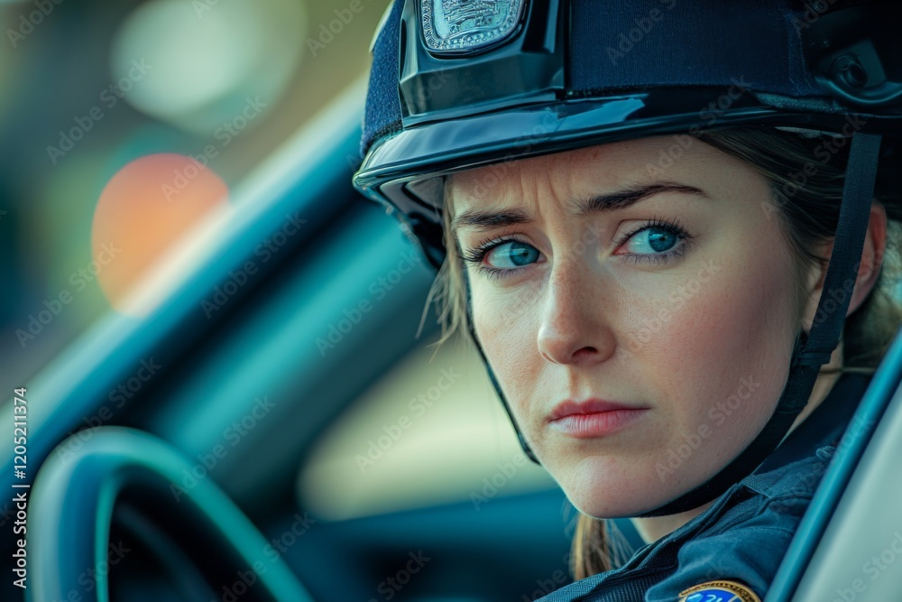 A focused police officer in a patrol car with a determined look. Her ...