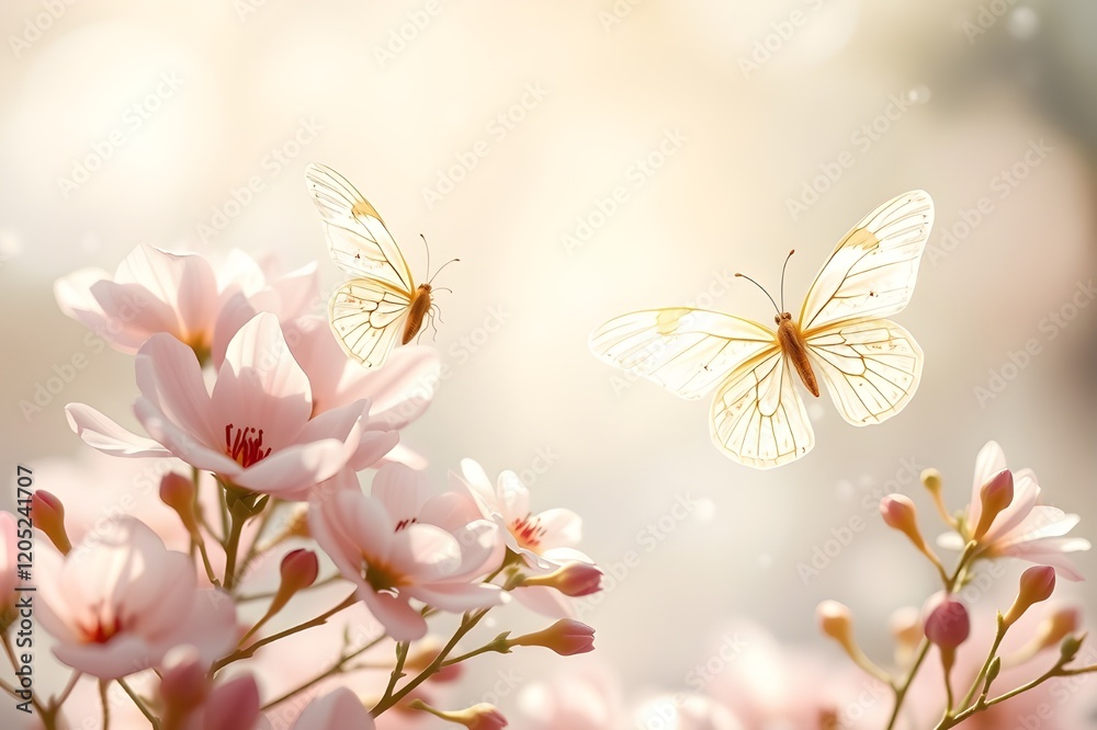 Pink butterflies flying in a mysterious forest full of pink flowers ...