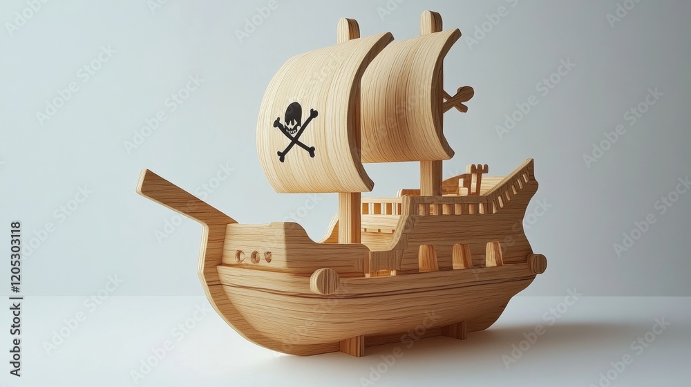 Simple wood pirate ship design, focusing on basic forms and smooth ...