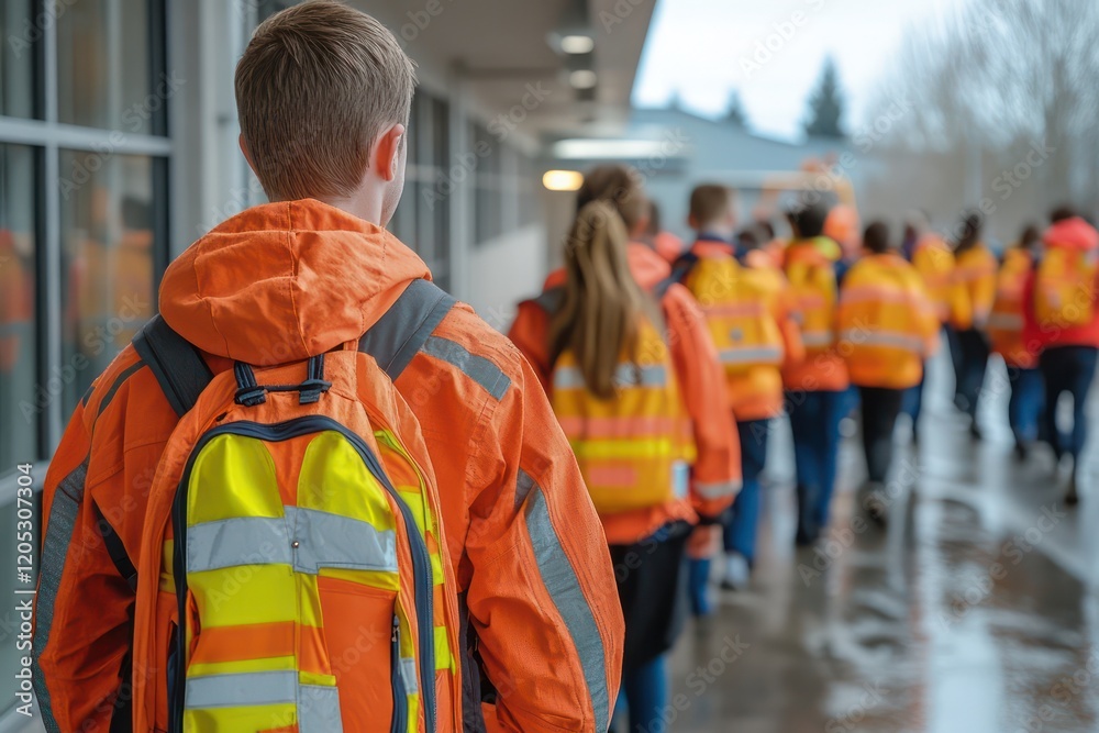 Inspecting a school's safety procedures during a fire drill, with ...