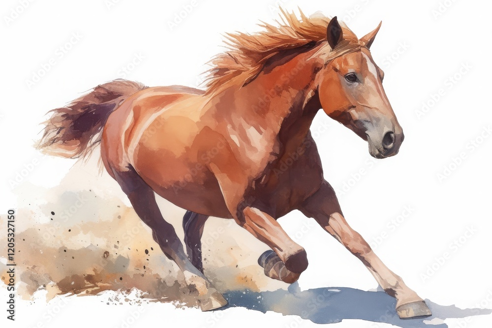 Chestnut Horse in Motion: A vibrant watercolor painting captures a ...