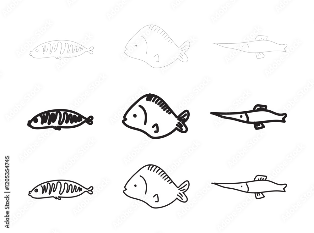 Hand drawn doodle fishes, sketched fish pictogram, sardine flock icon ...