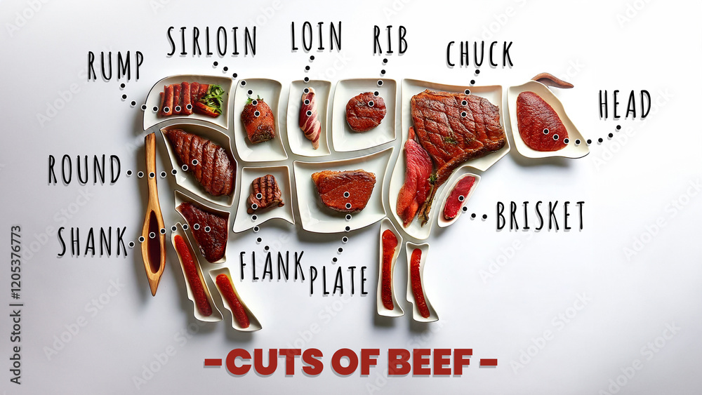 Ilustración de Stock Illustrative beef cuts diagram showing labeled ...