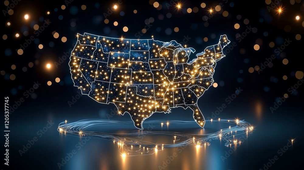Illuminated map of the united states showcasing major cities digital ...
