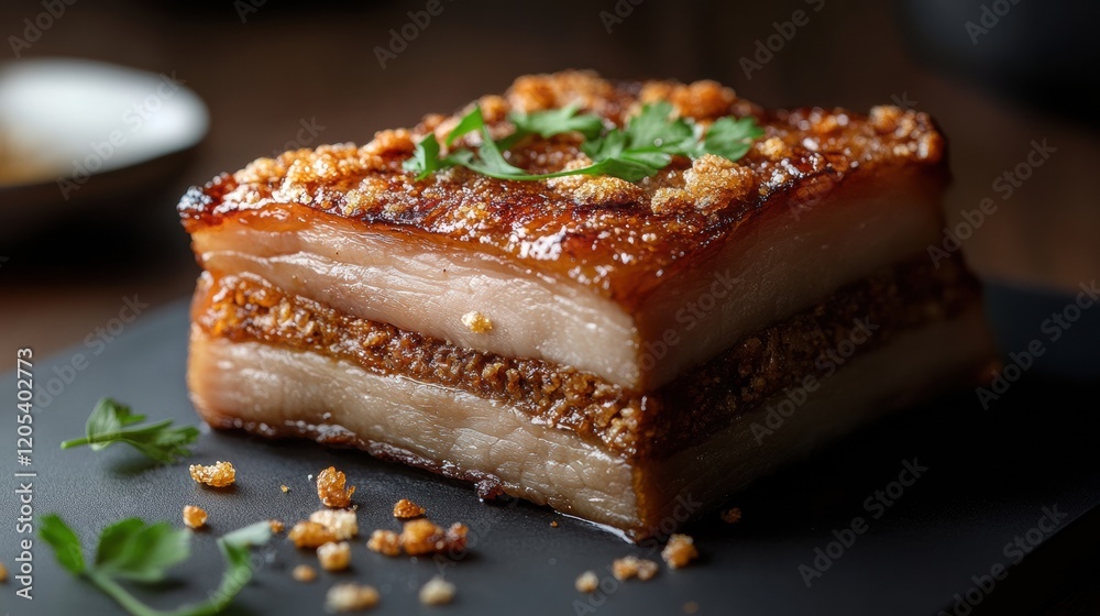 Golden-brown pork belly with a crackling crust, styled in a minimalist ...